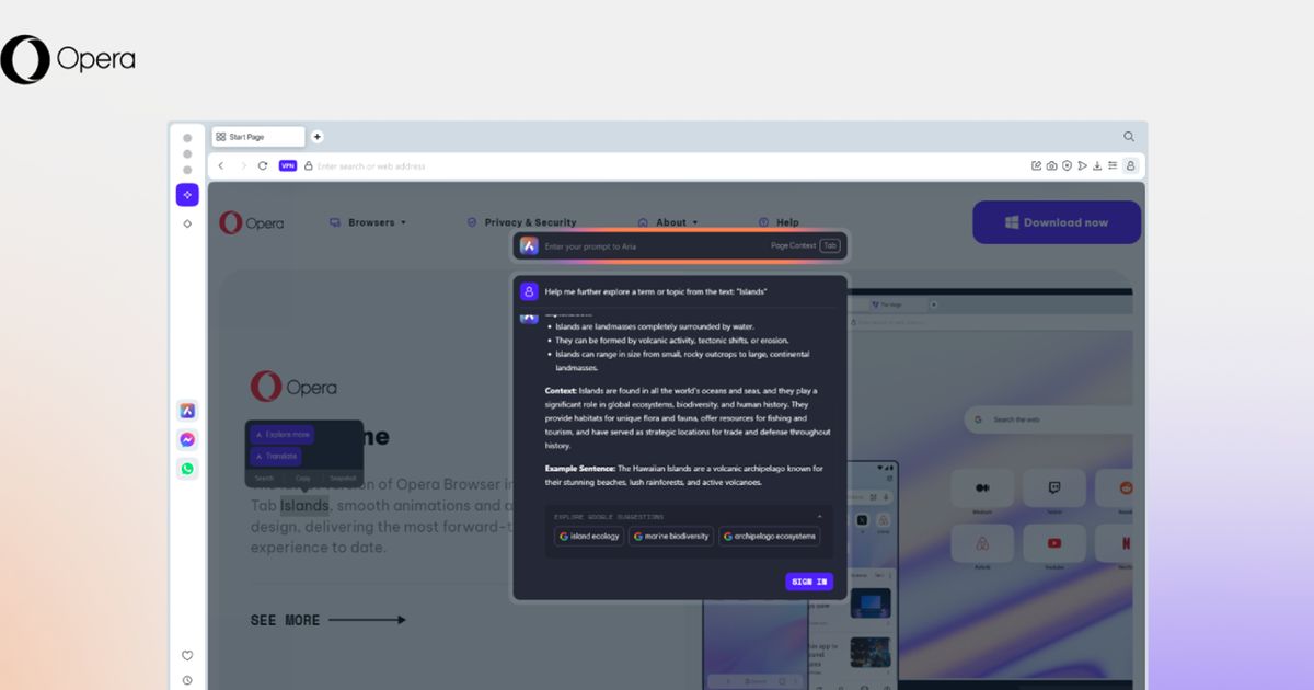 Opera Aria's 'Explore more' and 'Translate' are now accessible without ...