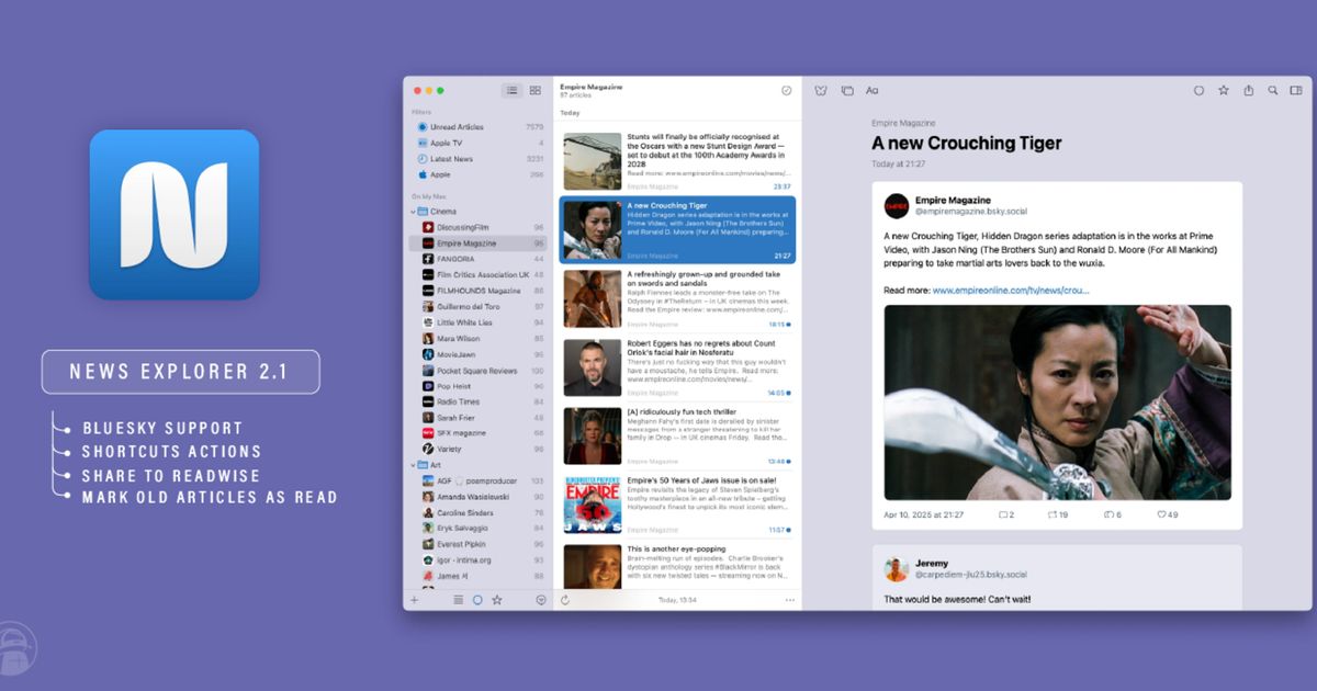 News Explorer 2.1 is now available, with Bluesky support, Shortcuts ...