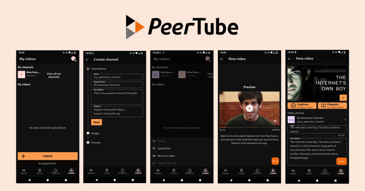 The PeerTube mobile app now integrates a creator mode for video upload ...