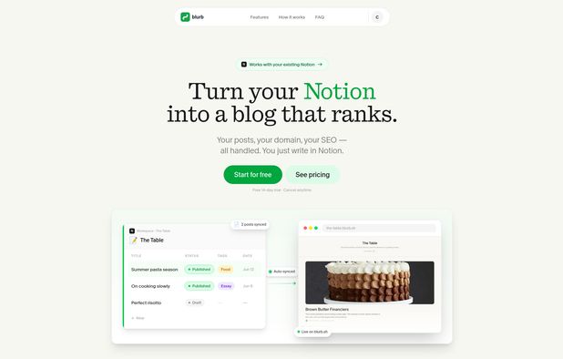 Blurb: Turns your Notion database into a fast, SEO-optimised blog ...